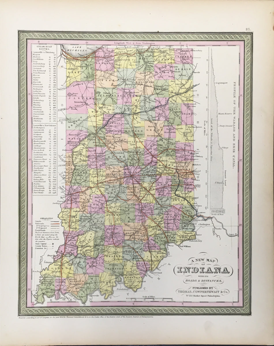 Mitchell, S. Augustus "A New Map of State of Indiana with its Roads ...